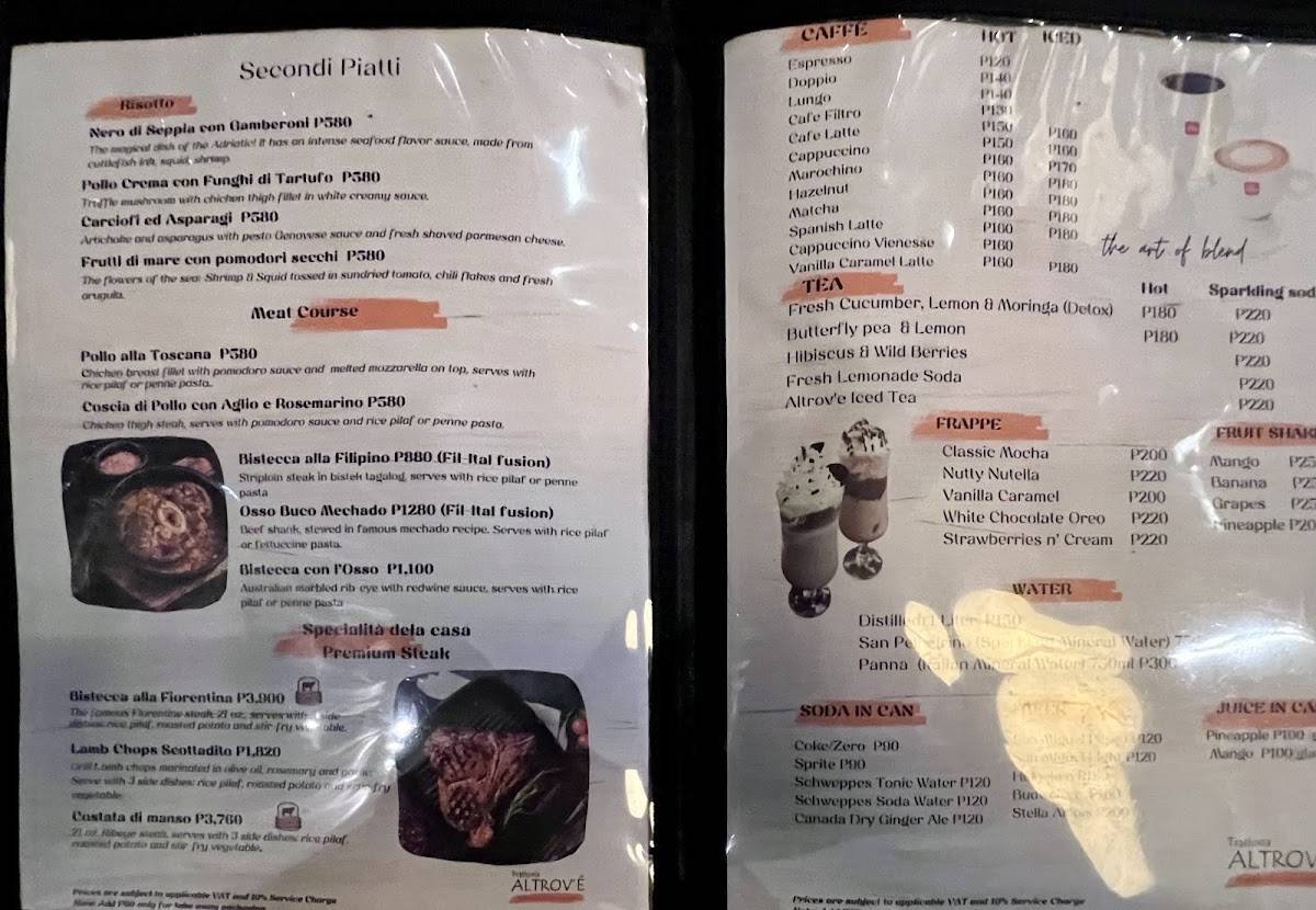 Menu at Trattoria Altrov'e restaurant, Makati