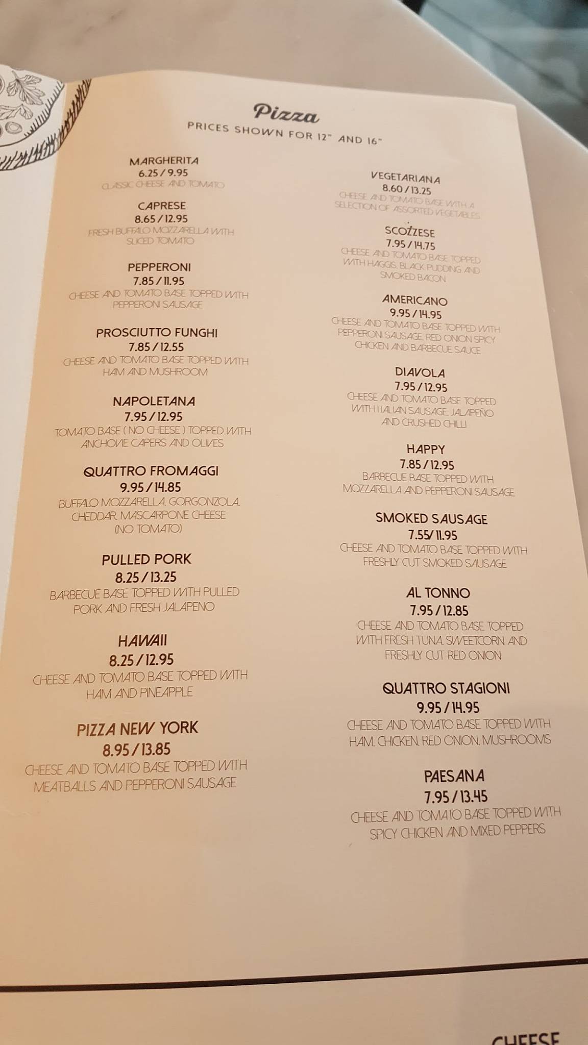 Menu at Trattoria Genova restaurant, Paisley