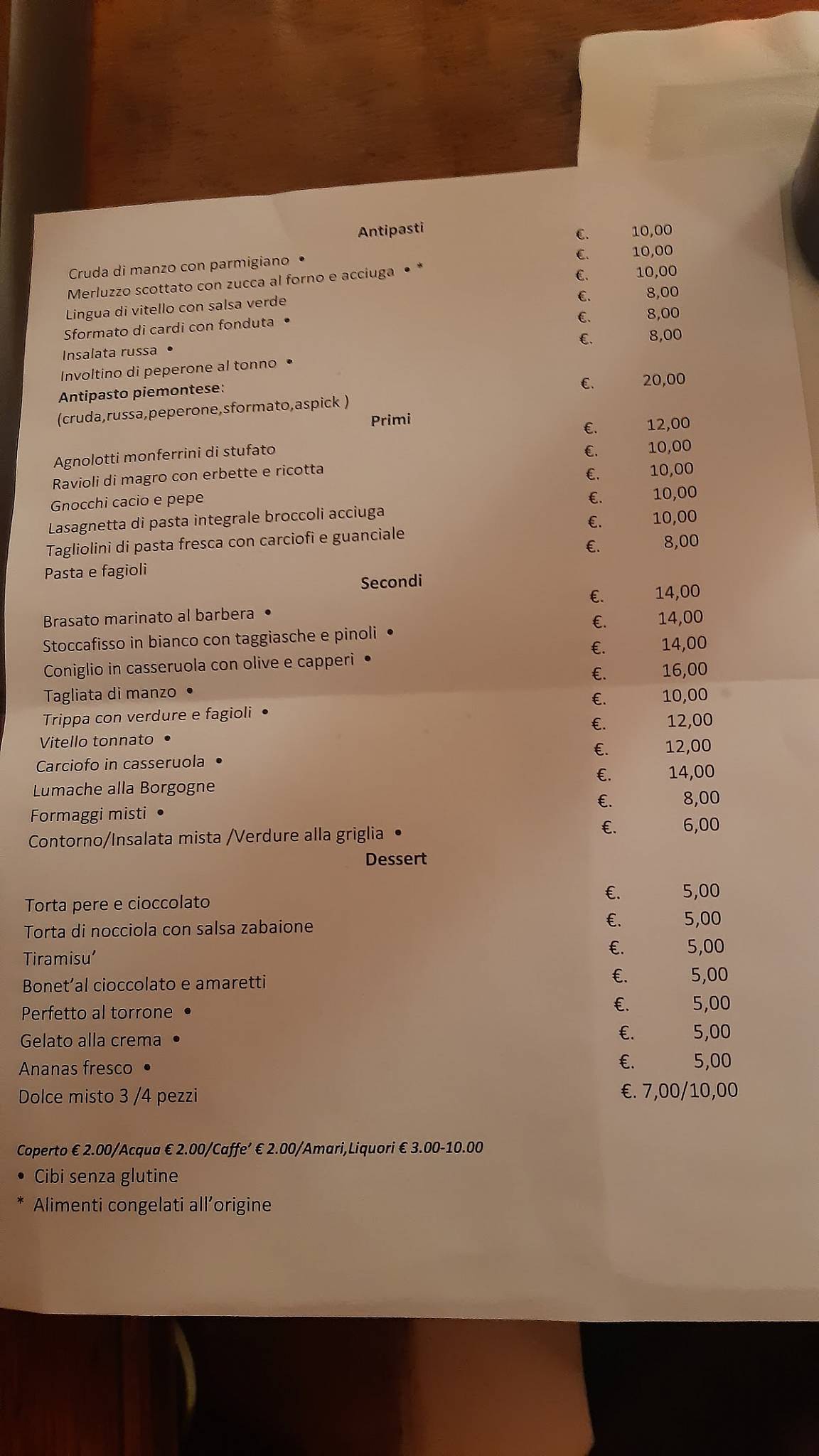 Menu at Trattoria Losanna restaurant, Masio