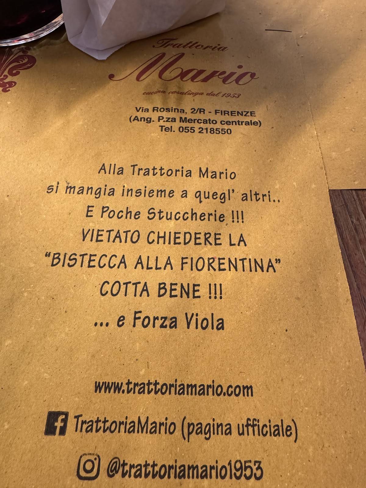 Menu at Trattoria Mario restaurant, Florence