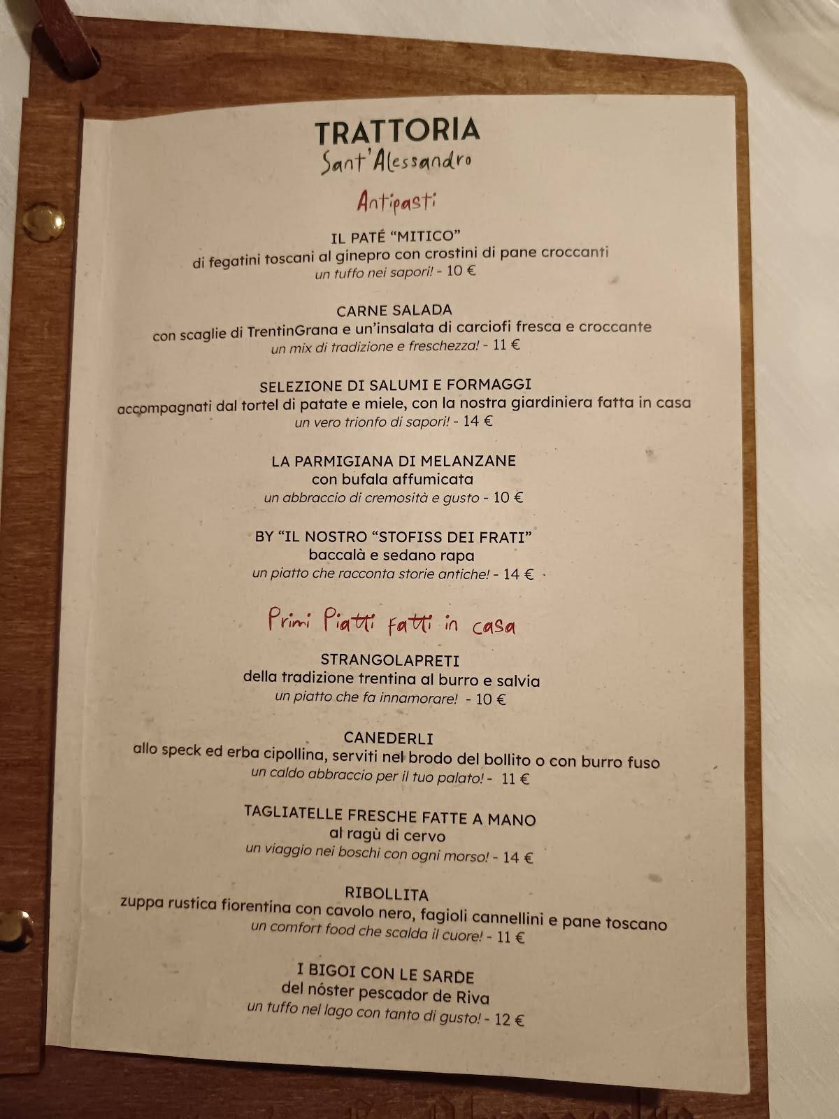 Speisekarte von Trattoria Sant'Alessandro restaurant, Reiff