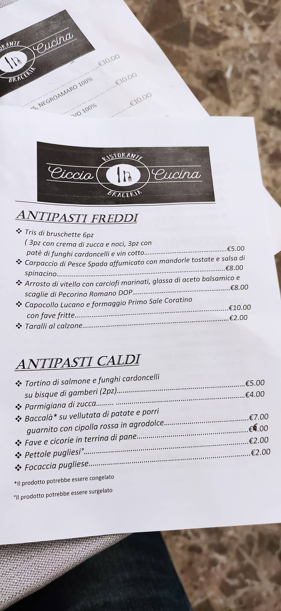 Menu da Ciccio in Cucina ristorante, Corato