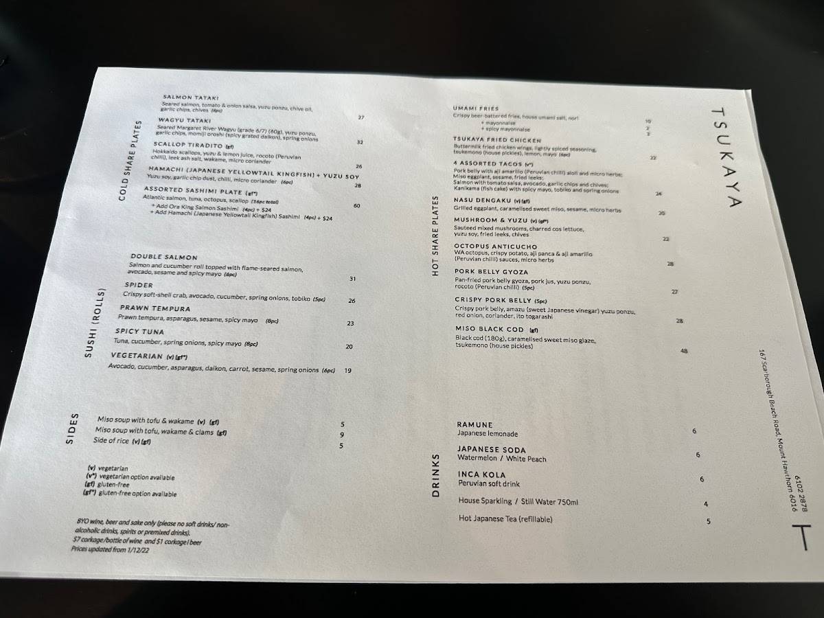 Menu at Tsukaya Restaurant, Mount Hawthorn
