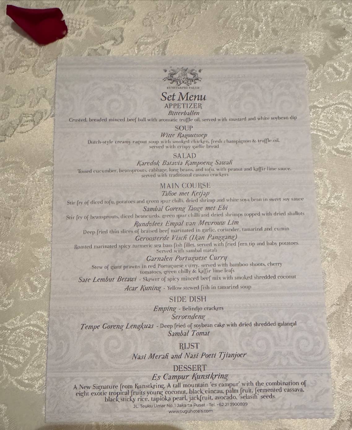Menu at Tugu Kunstkring Paleis restaurant, Jakarta, Jalan Teuku Umar.1
