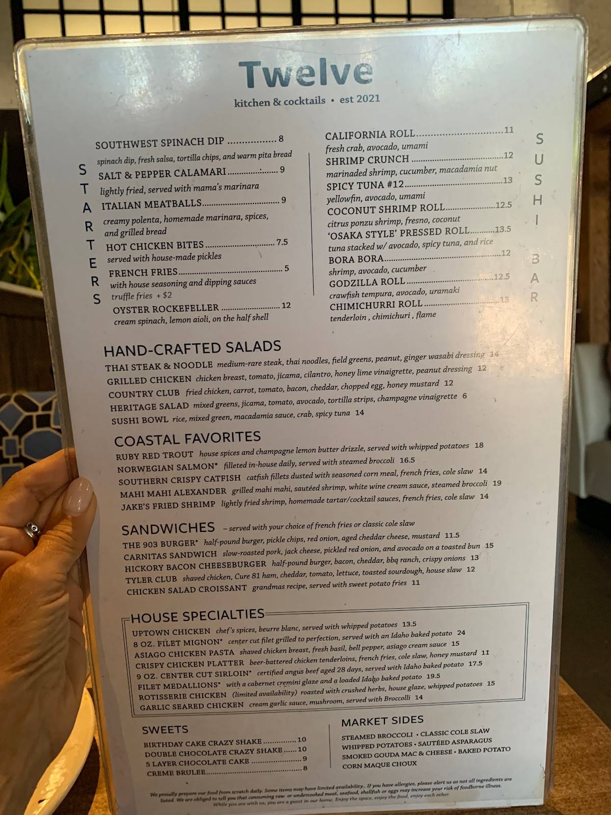 Menu at Twelve Kitchen + Cocktails restaurant, Tyler