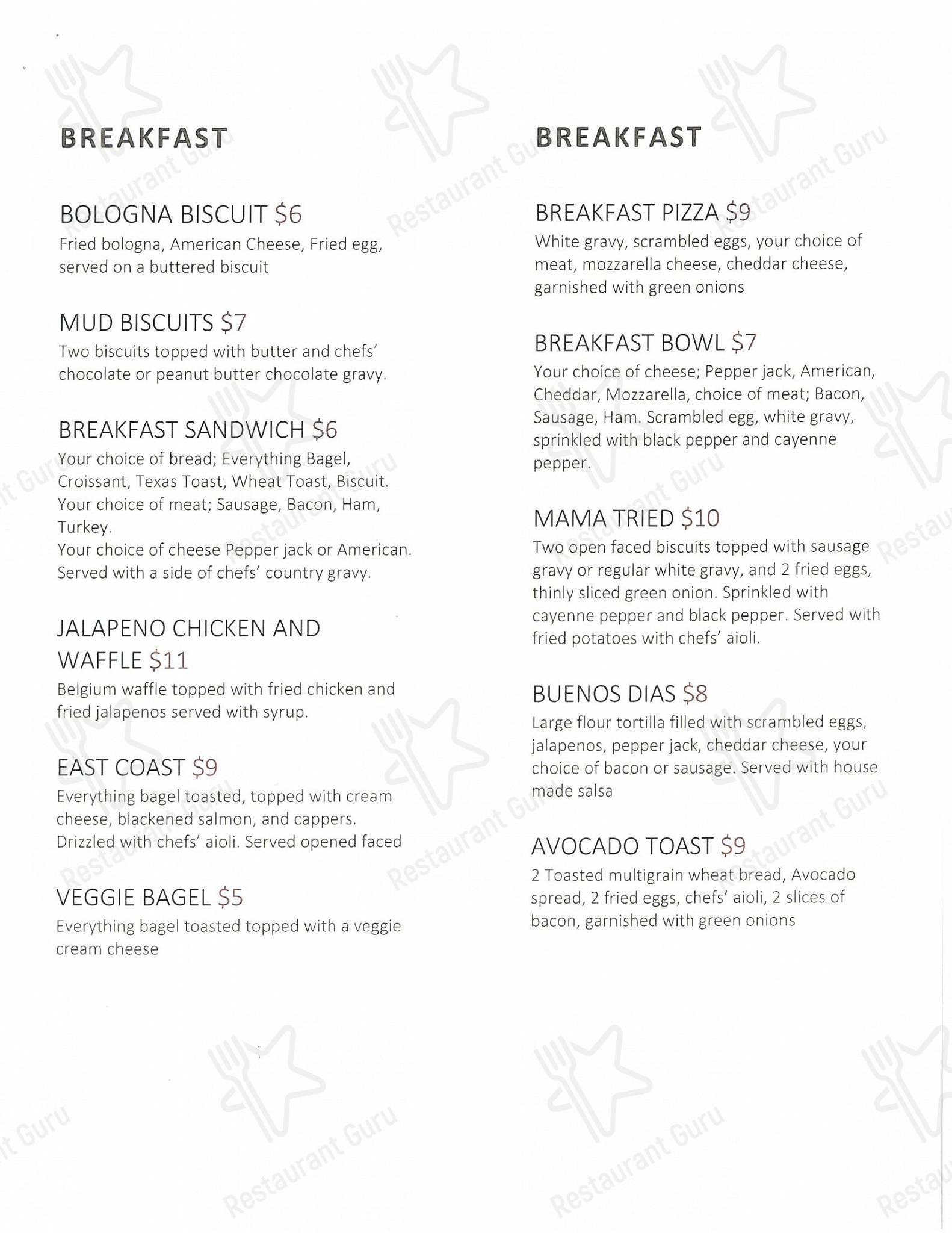 Menu at Two Sisters cafe, Little Rock