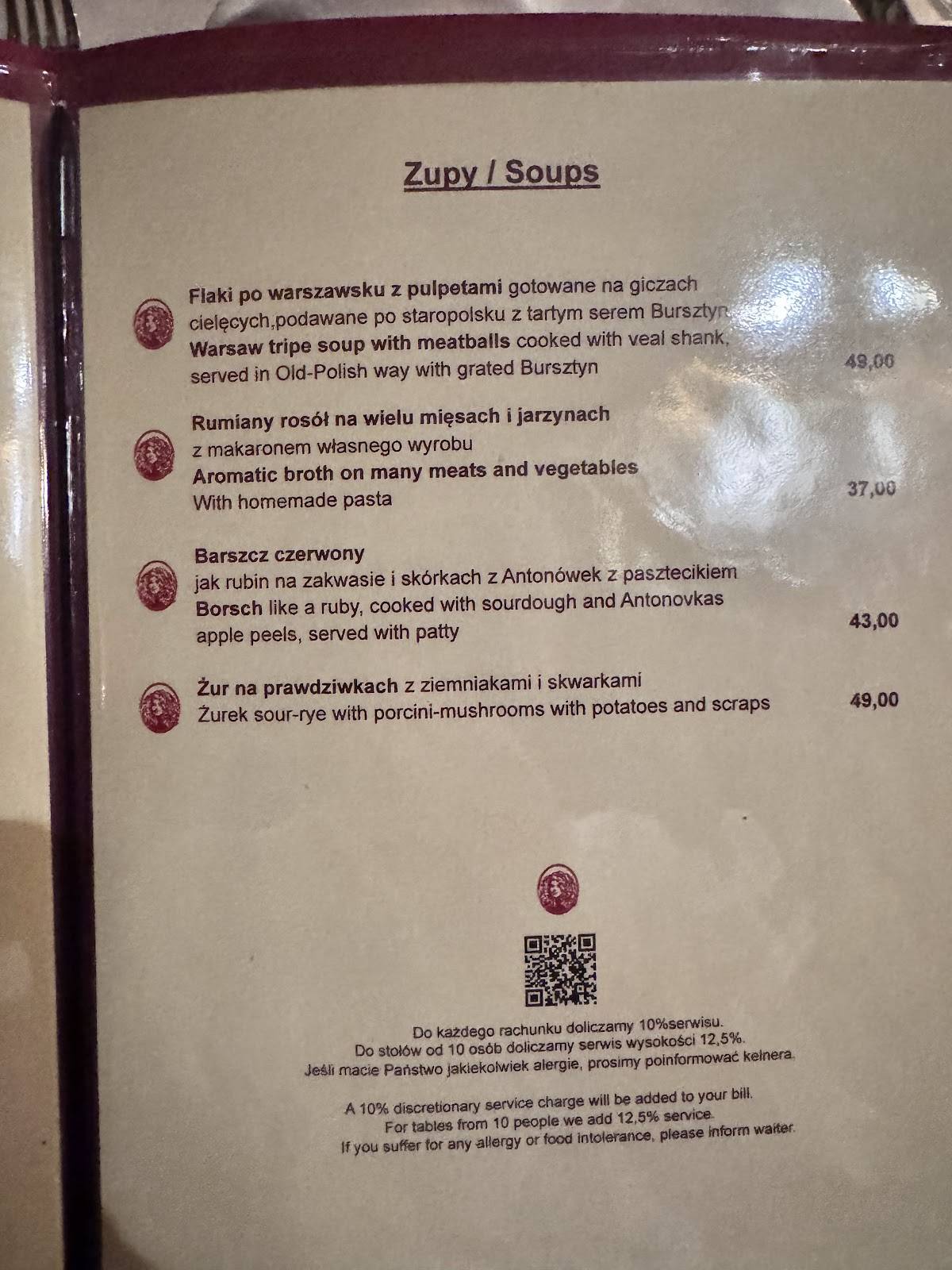 Menu at U Fukiera restaurant, Warsaw
