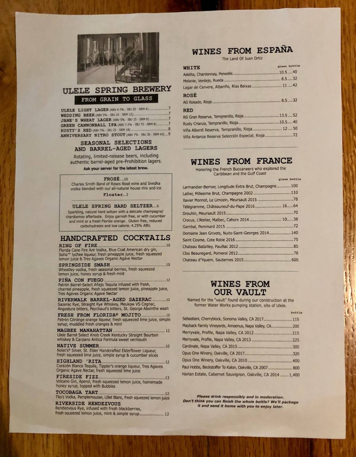 Menu at Ulele restaurant, Tampa, N Highland Ave