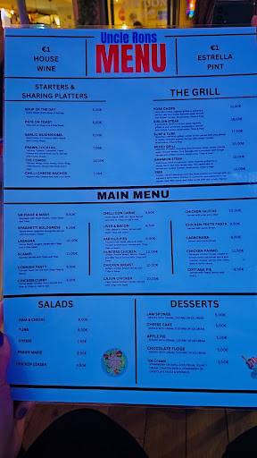 Menu at Uncle Rons restaurant, Benidorm