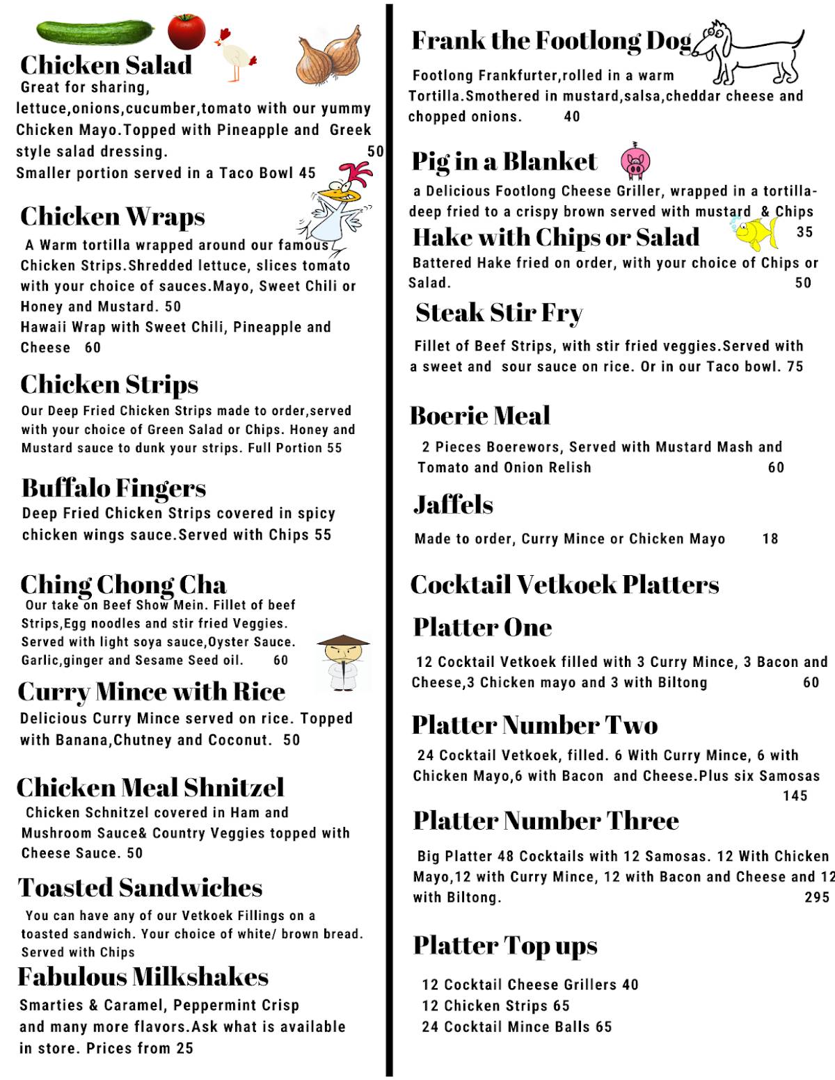 Menu at Vetkoek Chef restaurant, Sasolburg