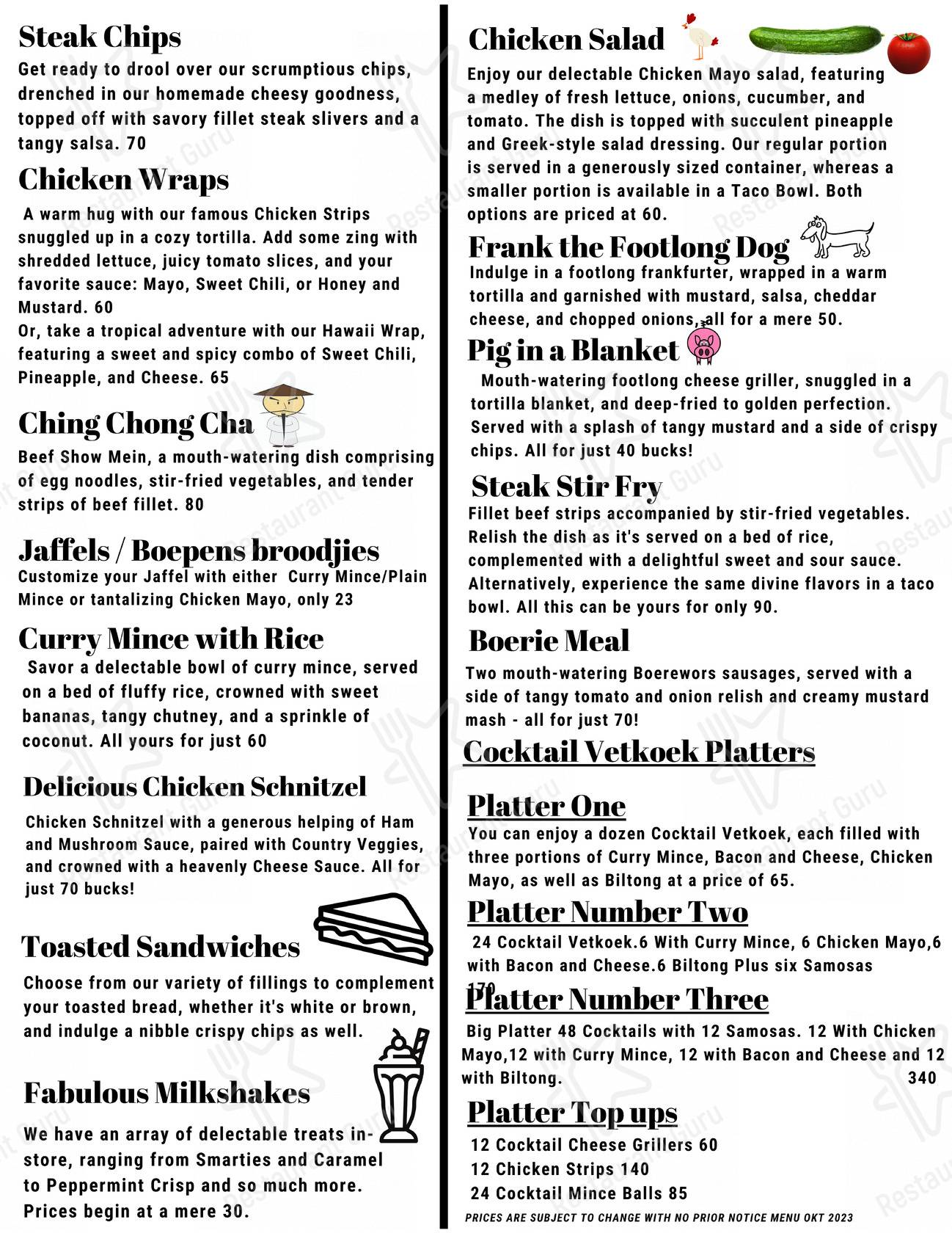 Menu at Vetkoek Chef restaurant, Sasolburg