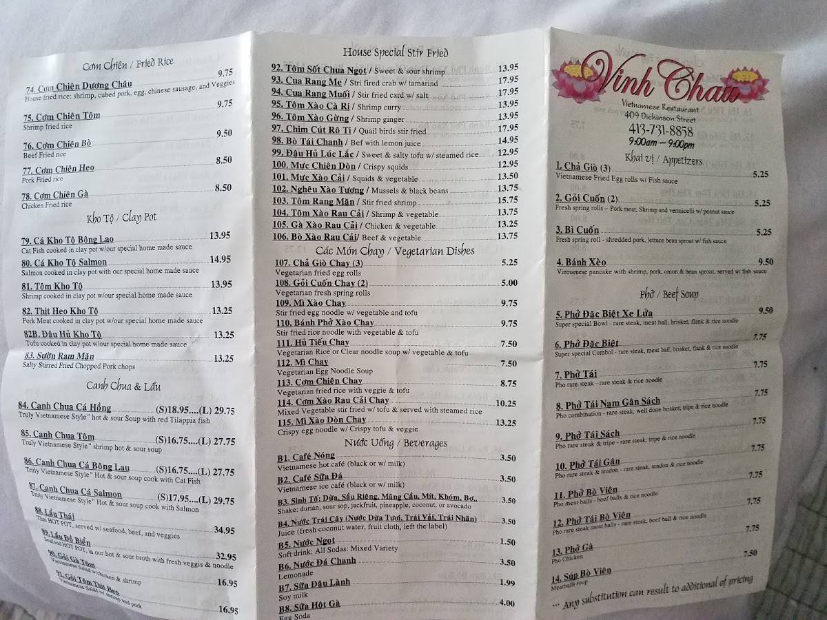 Menu at Vinh Chau Restaurant, Springfield