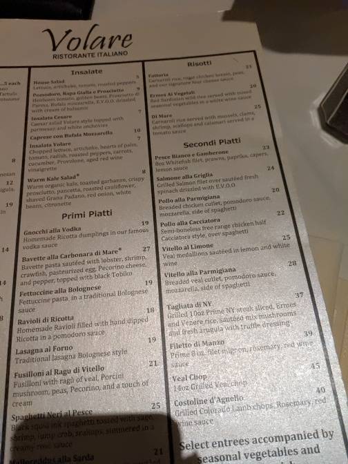 Menu at Volare Ristorante Italiano restaurant, Chicago, 201 E Grand Ave