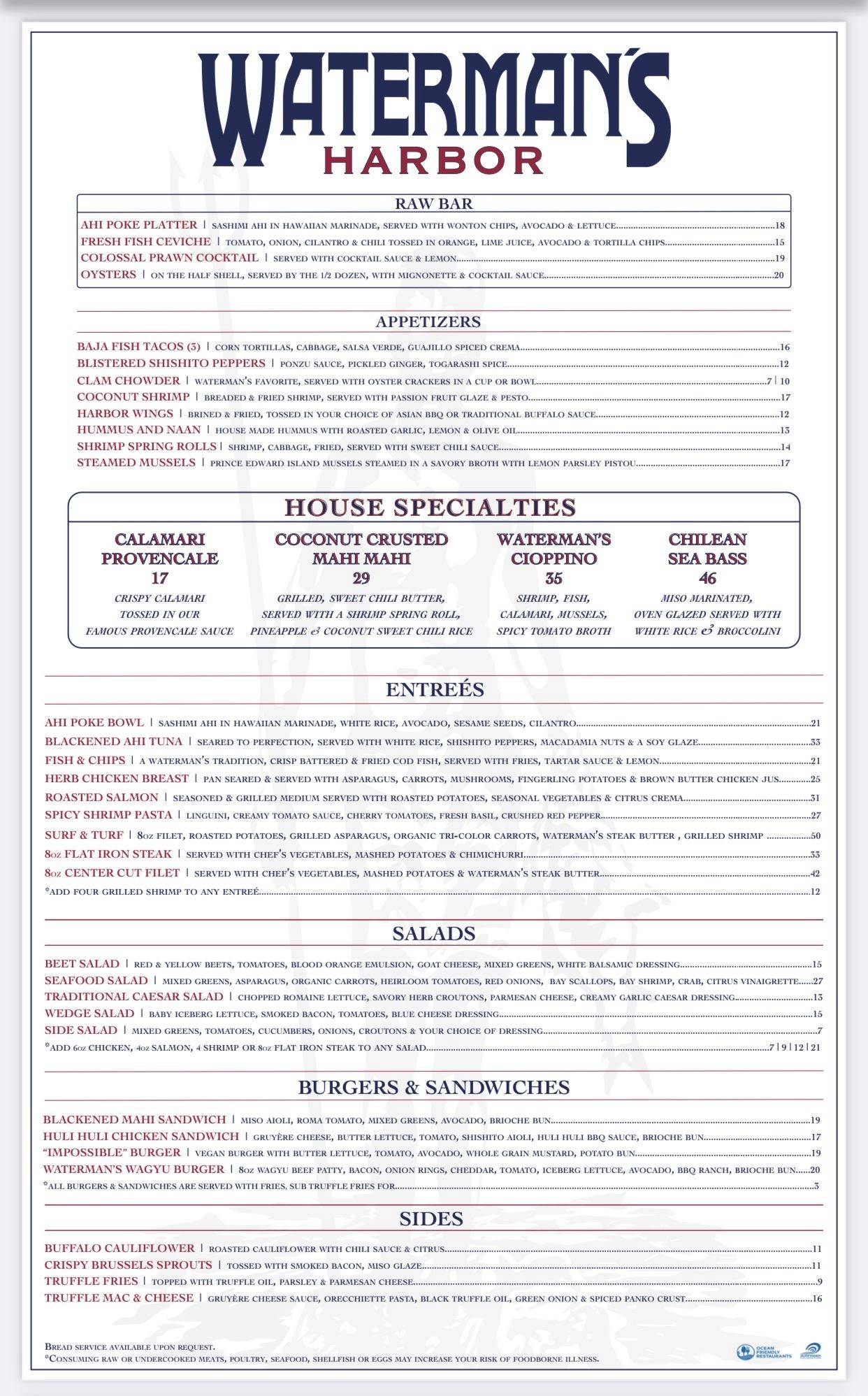 Menu at Waterman’s Harbor restaurant, Dana Point