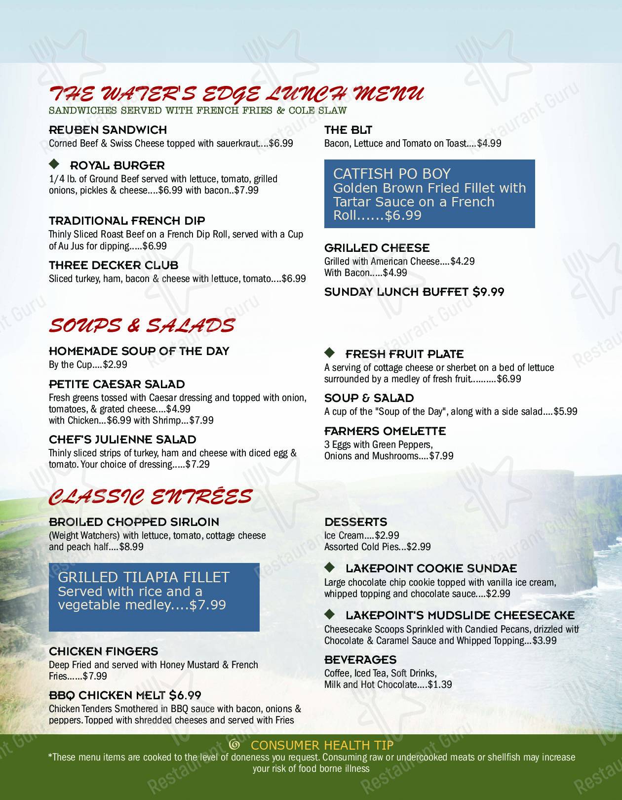 Menu at Water's Edge pub & bar, Eufaula