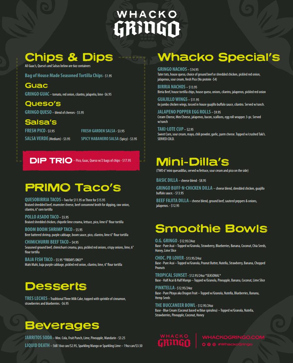 Menu at Whacko Gringo restaurant, Oswego