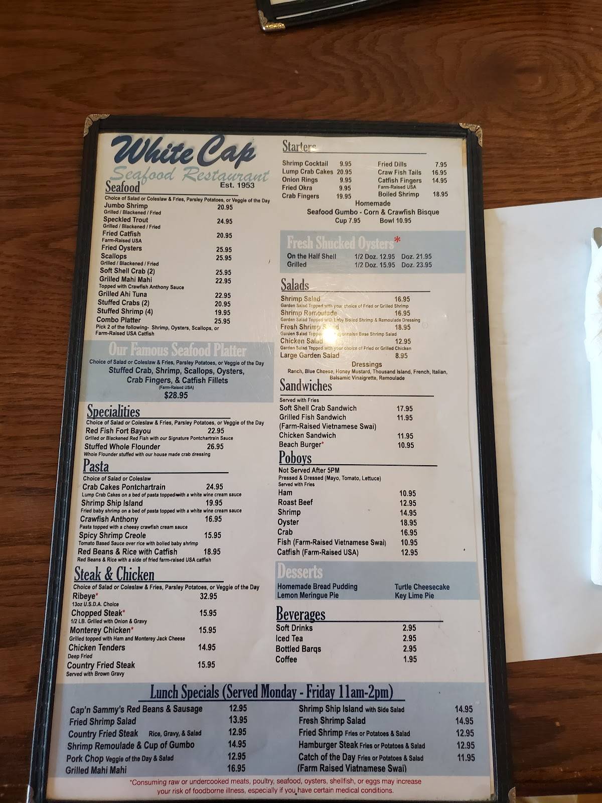 Menu at White Cap Restaurant, Gulfport, 560 Beach Dr