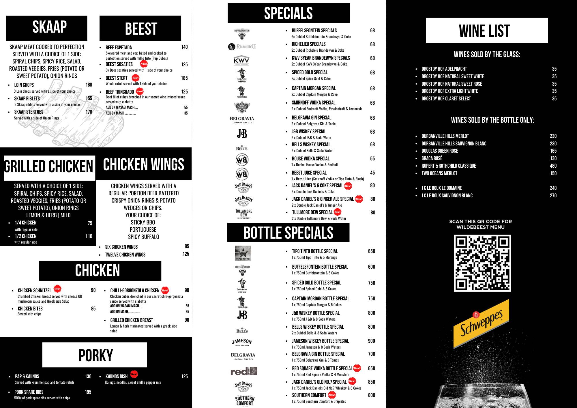 Menu at Wildebeest Live, Boksburg
