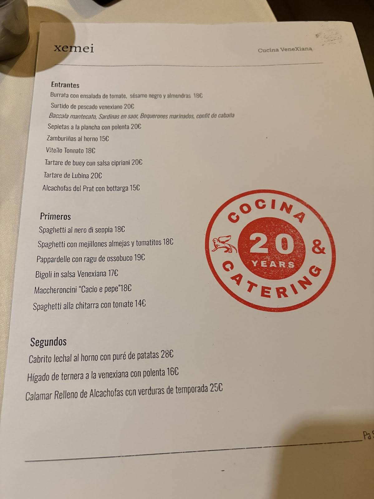 Carta del restaurante Xemei, Barcelona