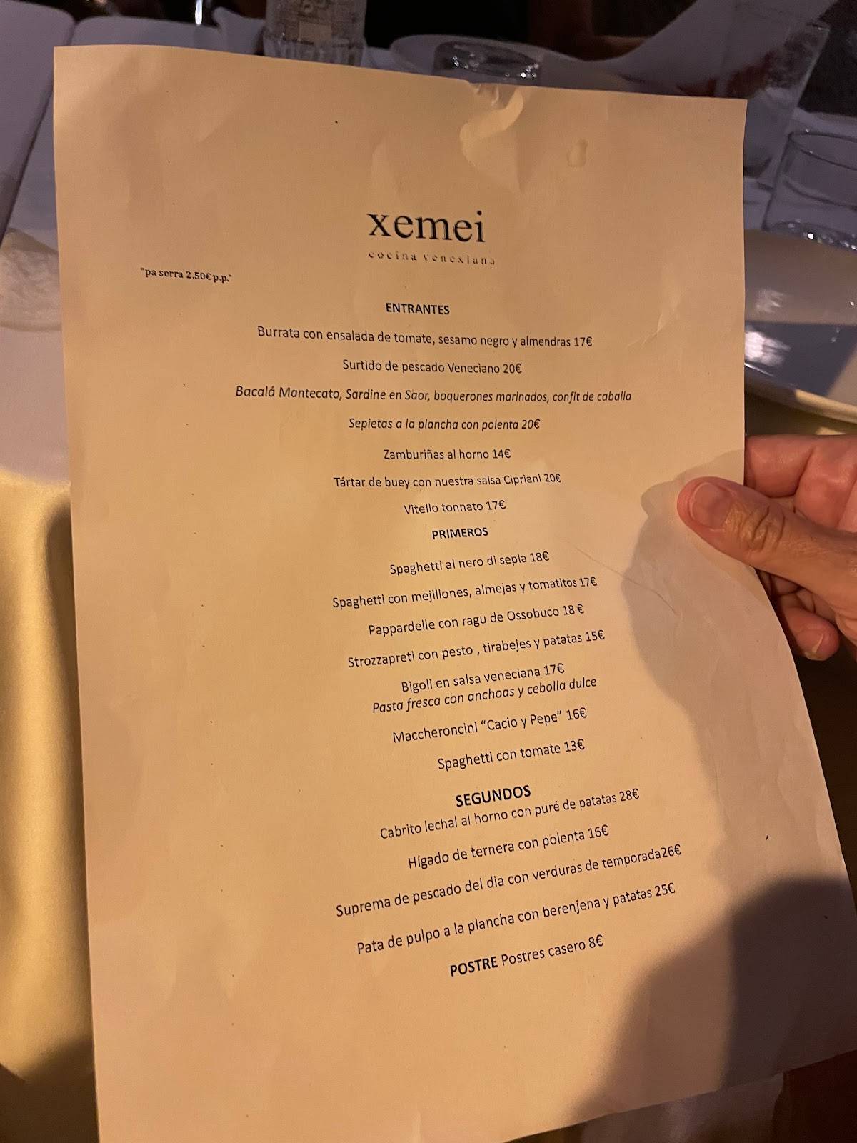 Carta del restaurante Xemei, Barcelona