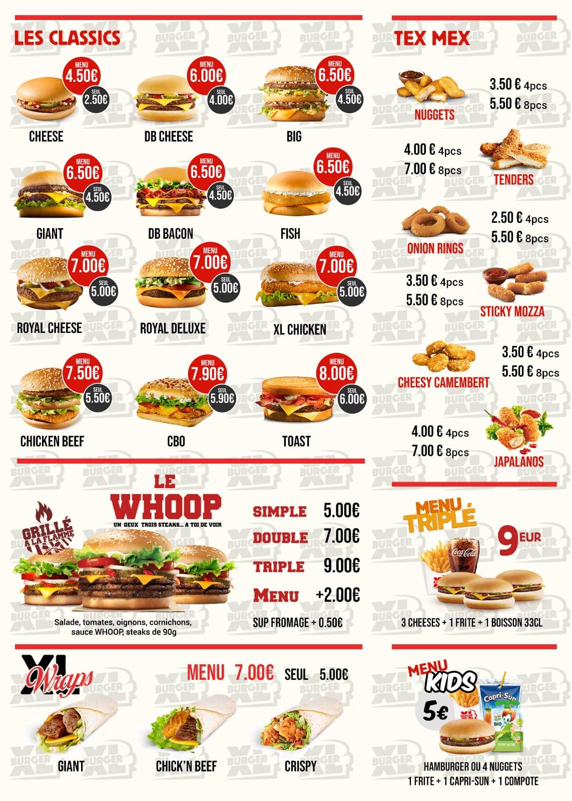 Menu au XL BURGER restaurant, Palaiseau