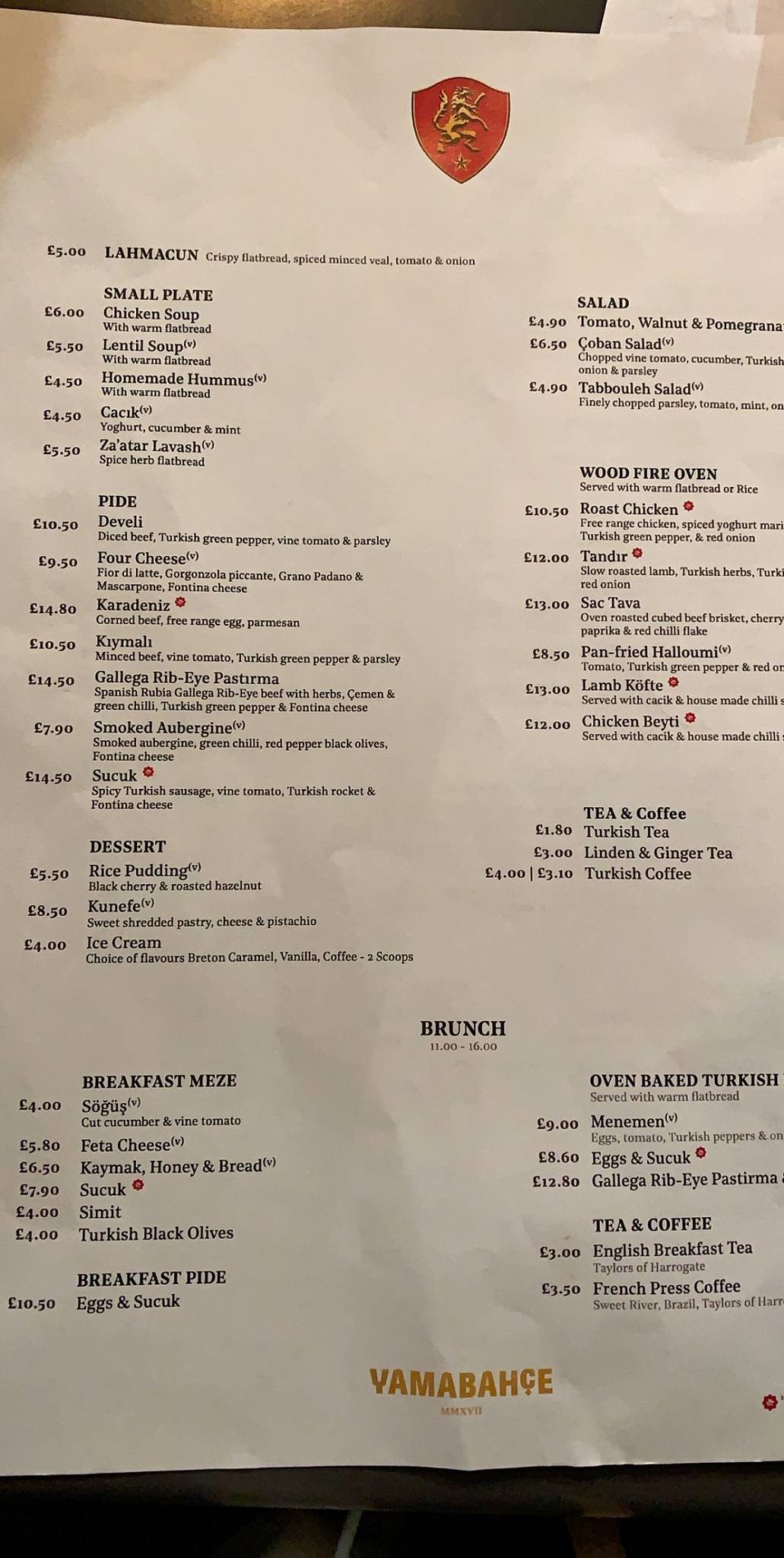Menu at Yamabahçe restaurant, London, 26 James St