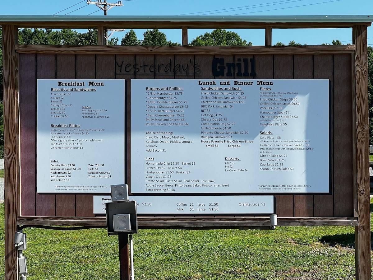Menu at Yesterday's Grill restaurant, Snow Camp