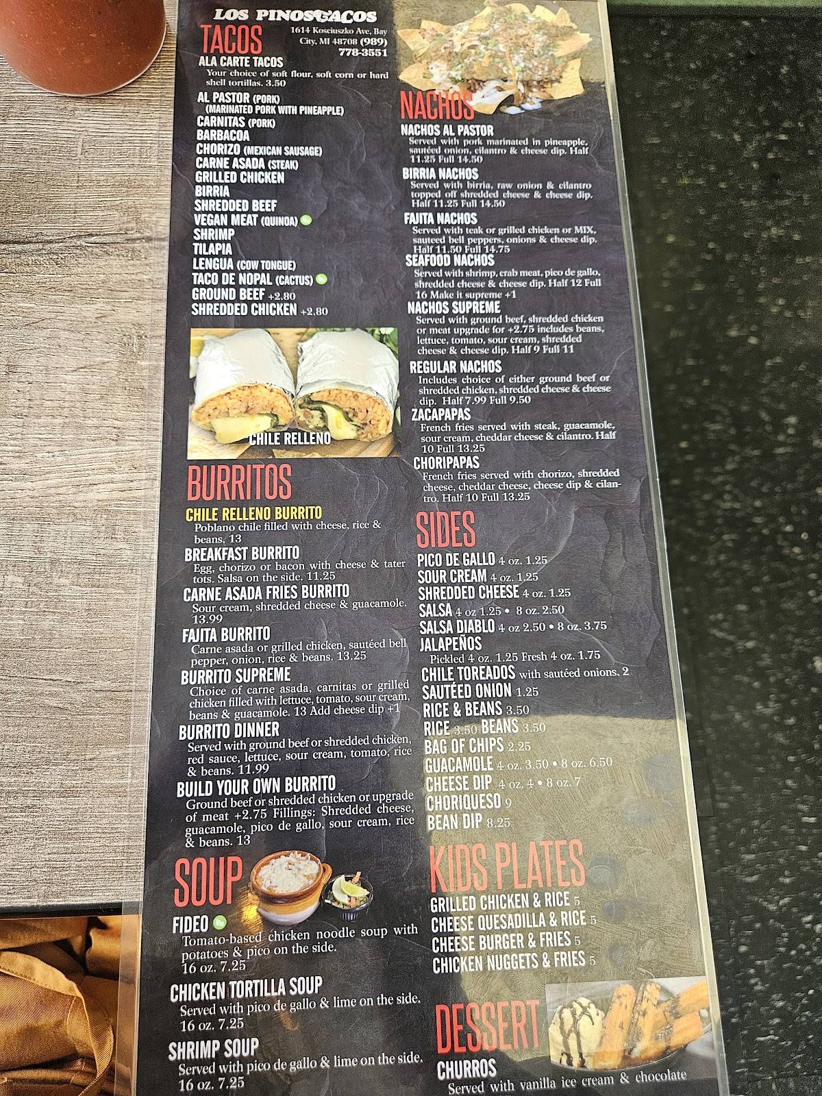 Menu at Zacatacos restaurant, Bay City