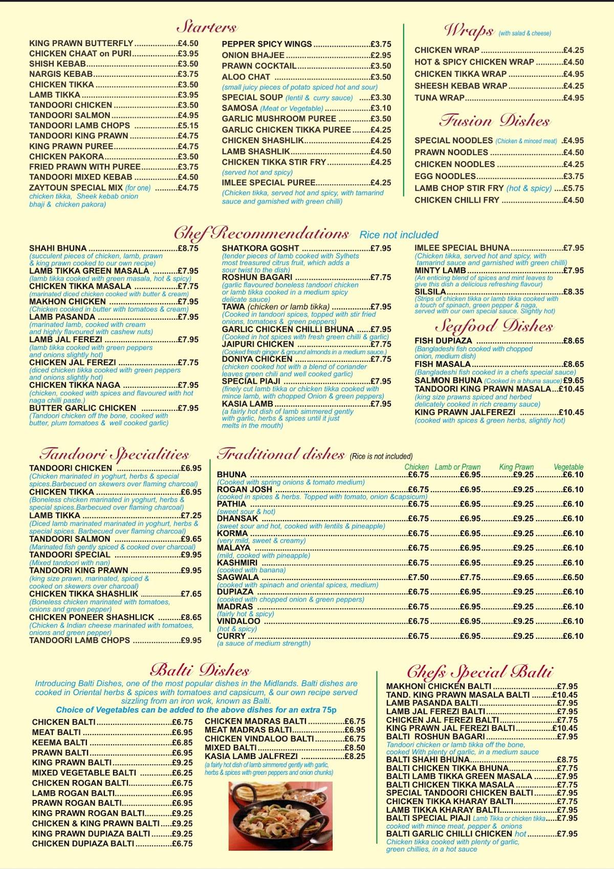 Menu at Zaytoun Spice restaurant, Lichfield