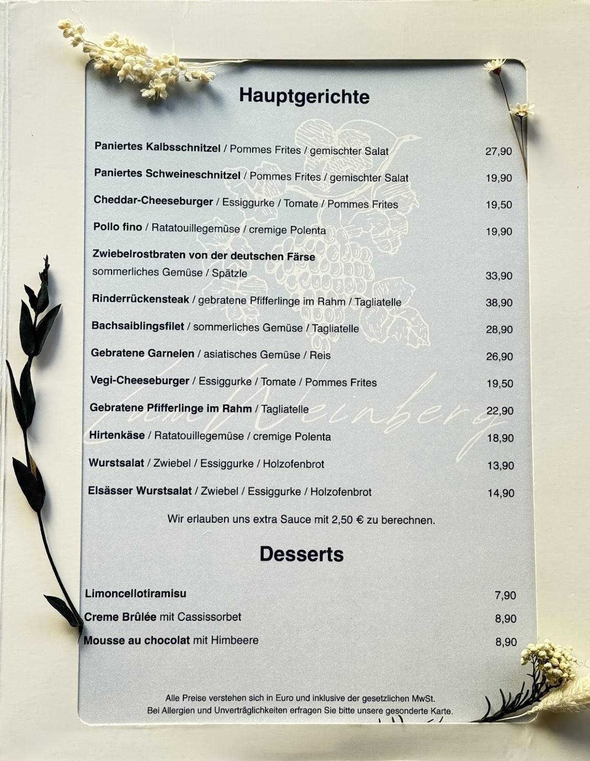Speisekarte von Zum Weinberg restaurant, FREIBURG IM BREISGAU