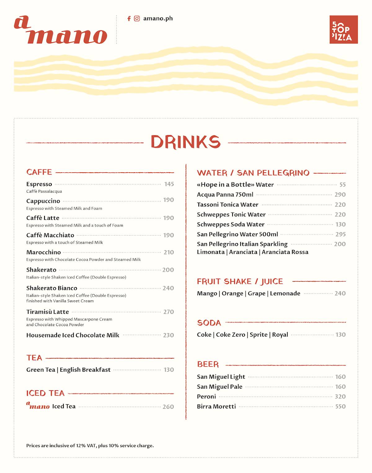 Menu at a mano BGC restaurant, Taguig