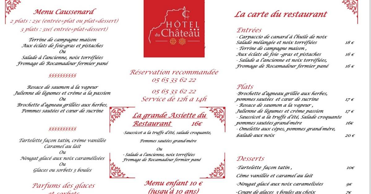 Menu au Restaurant du Château, Rocamadour, Route du Château