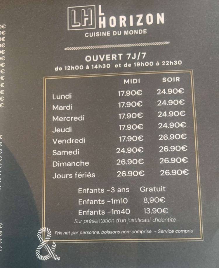 Menu au Restaurant l'Horizon, Le Havre