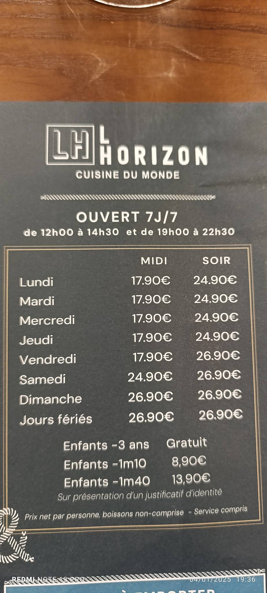 Menu au Restaurant l'Horizon, Le Havre