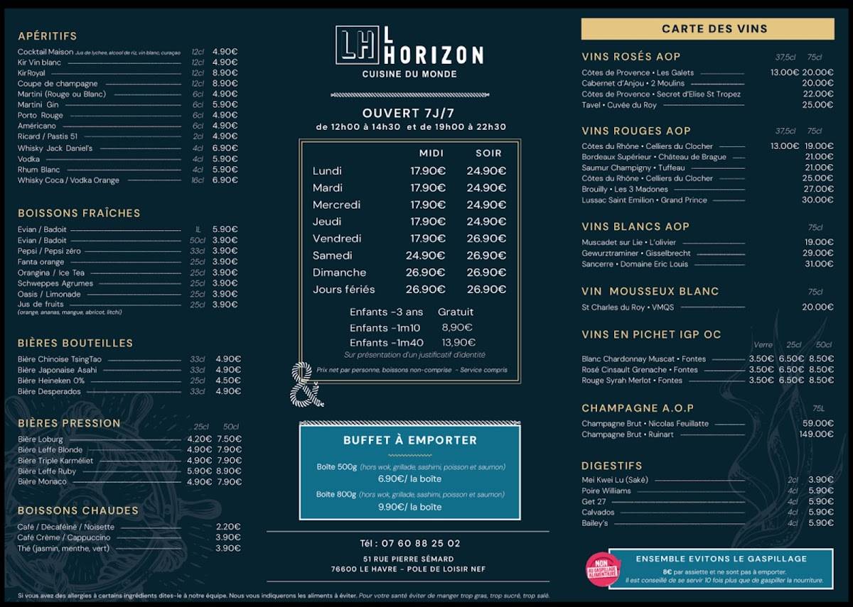 Menu au Restaurant l'Horizon, Le Havre