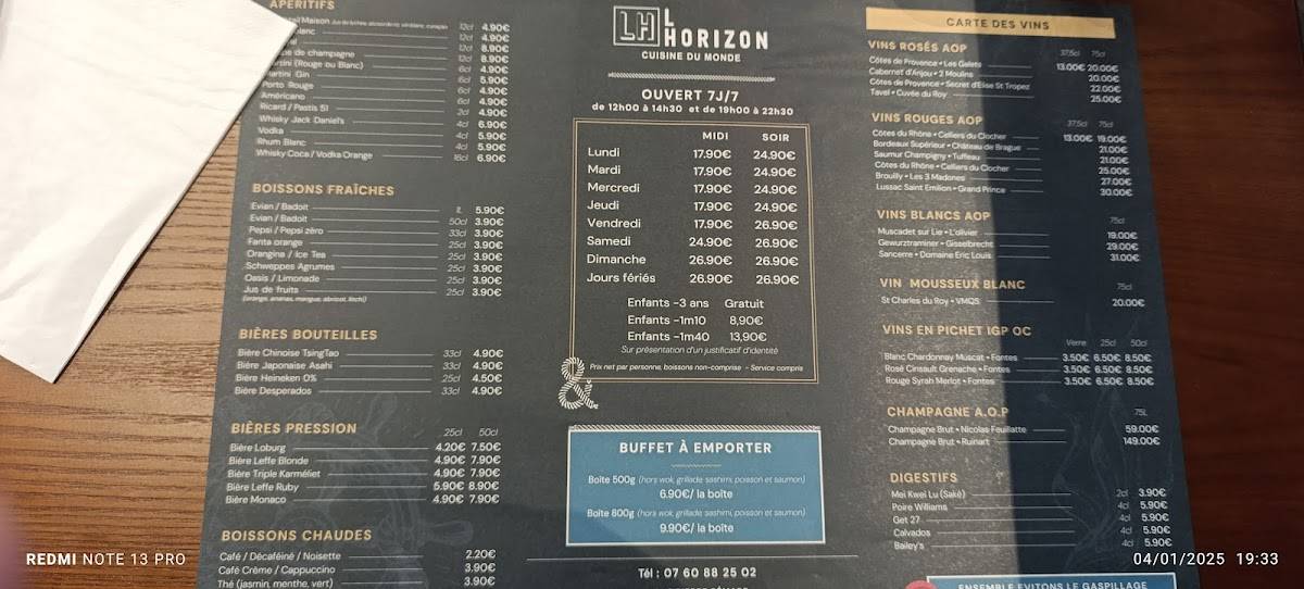 Menu au Restaurant l'Horizon, Le Havre