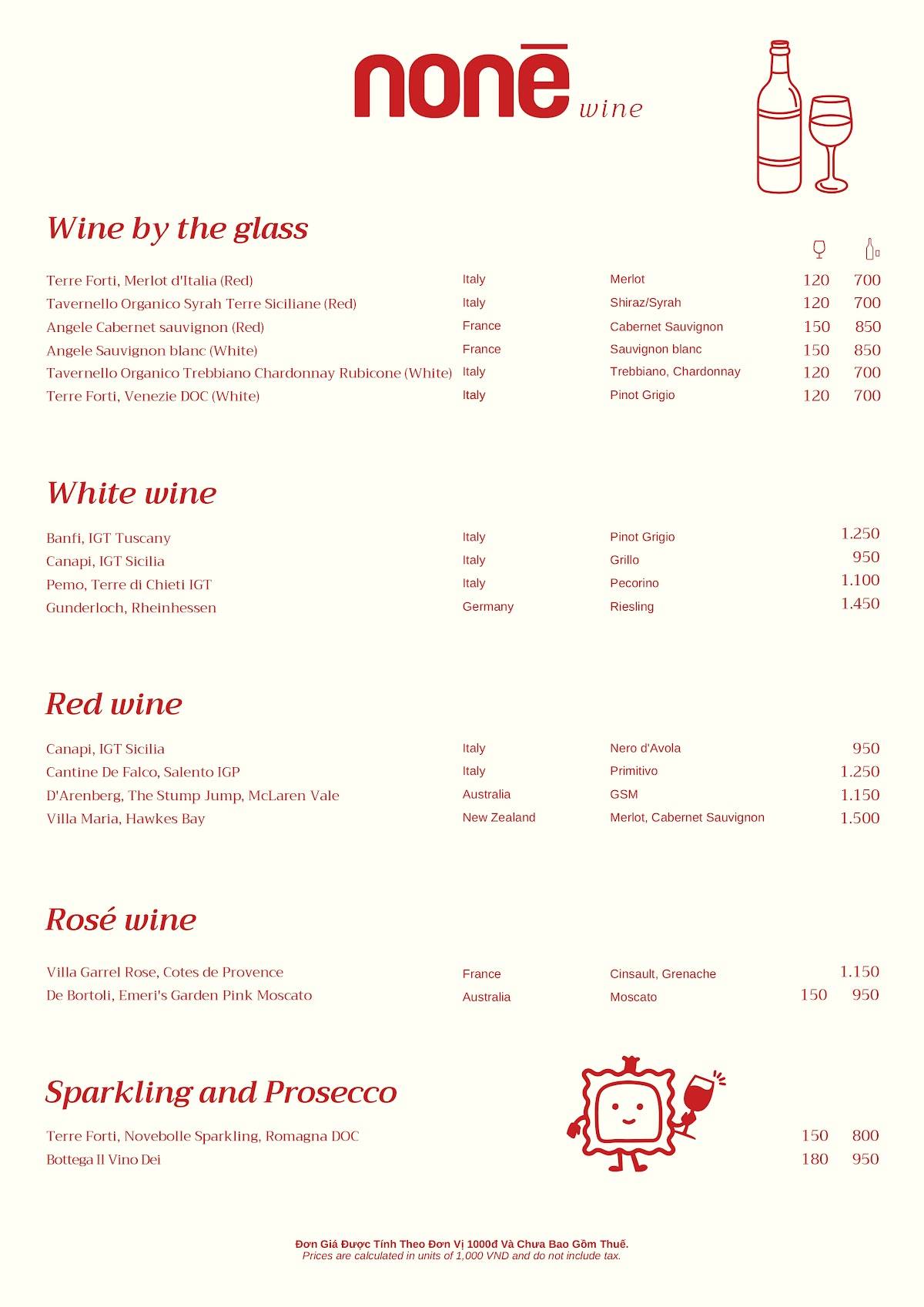 Menu at nonê pasta restaurant, Ho Chi Minh City, 48 Đường Nguyễn Văn Mai