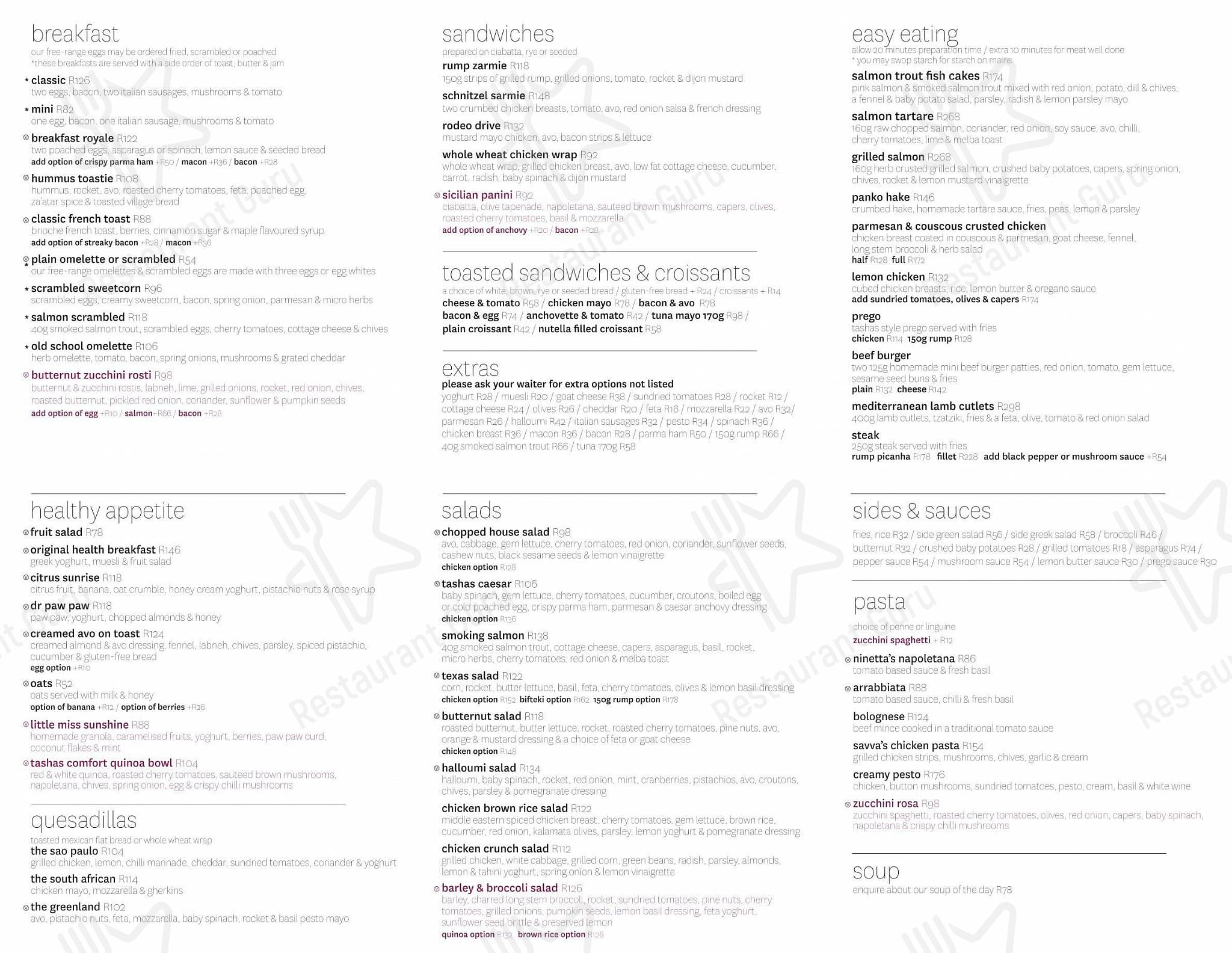 Menu at tashas Waterfront restaurant, Cape Town, Shop 7117
