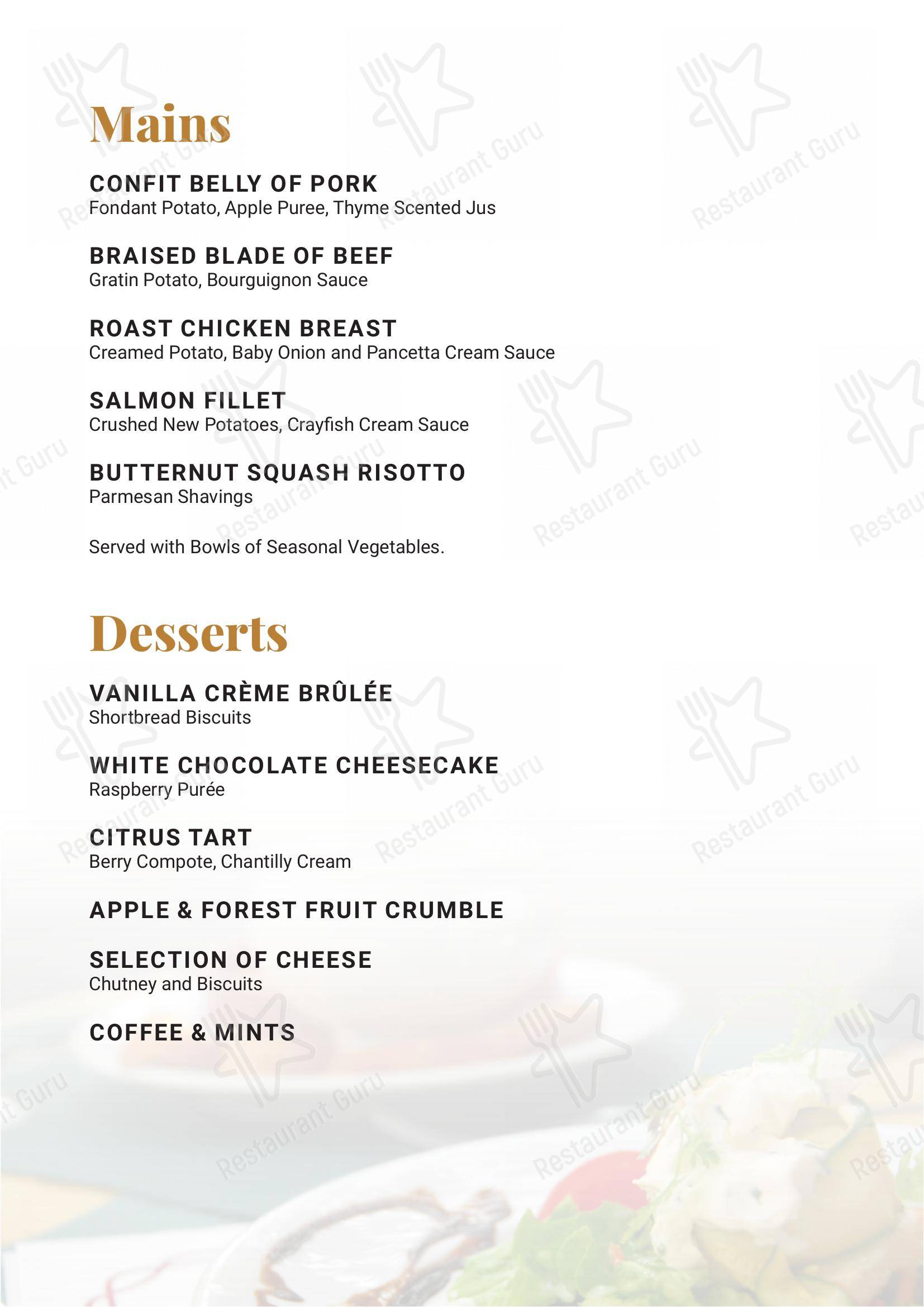 Menu at the old palace lodge restaurant, Dunstable
