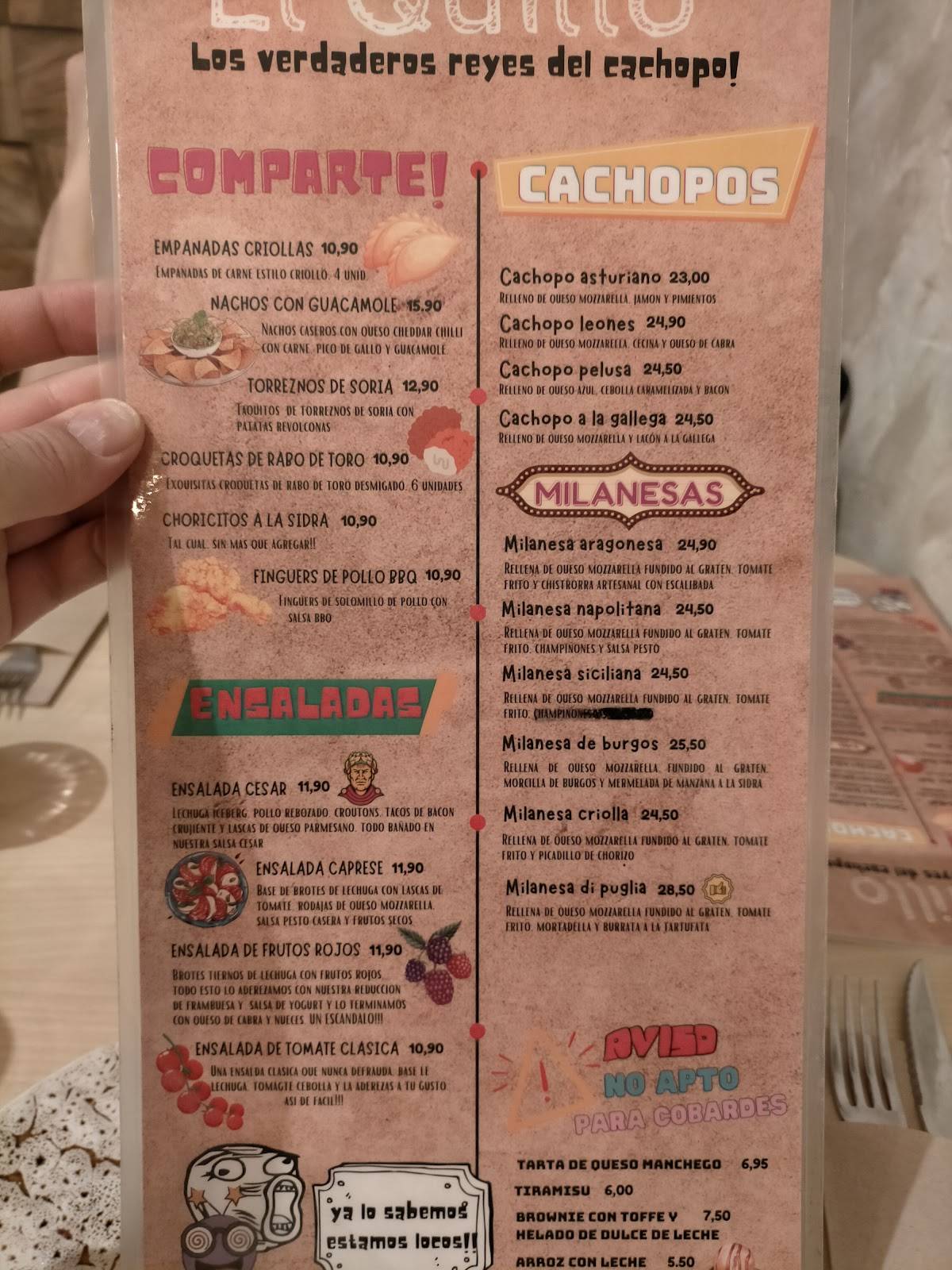 Carta de Restaurante Cachopos El Quillo, Getafe