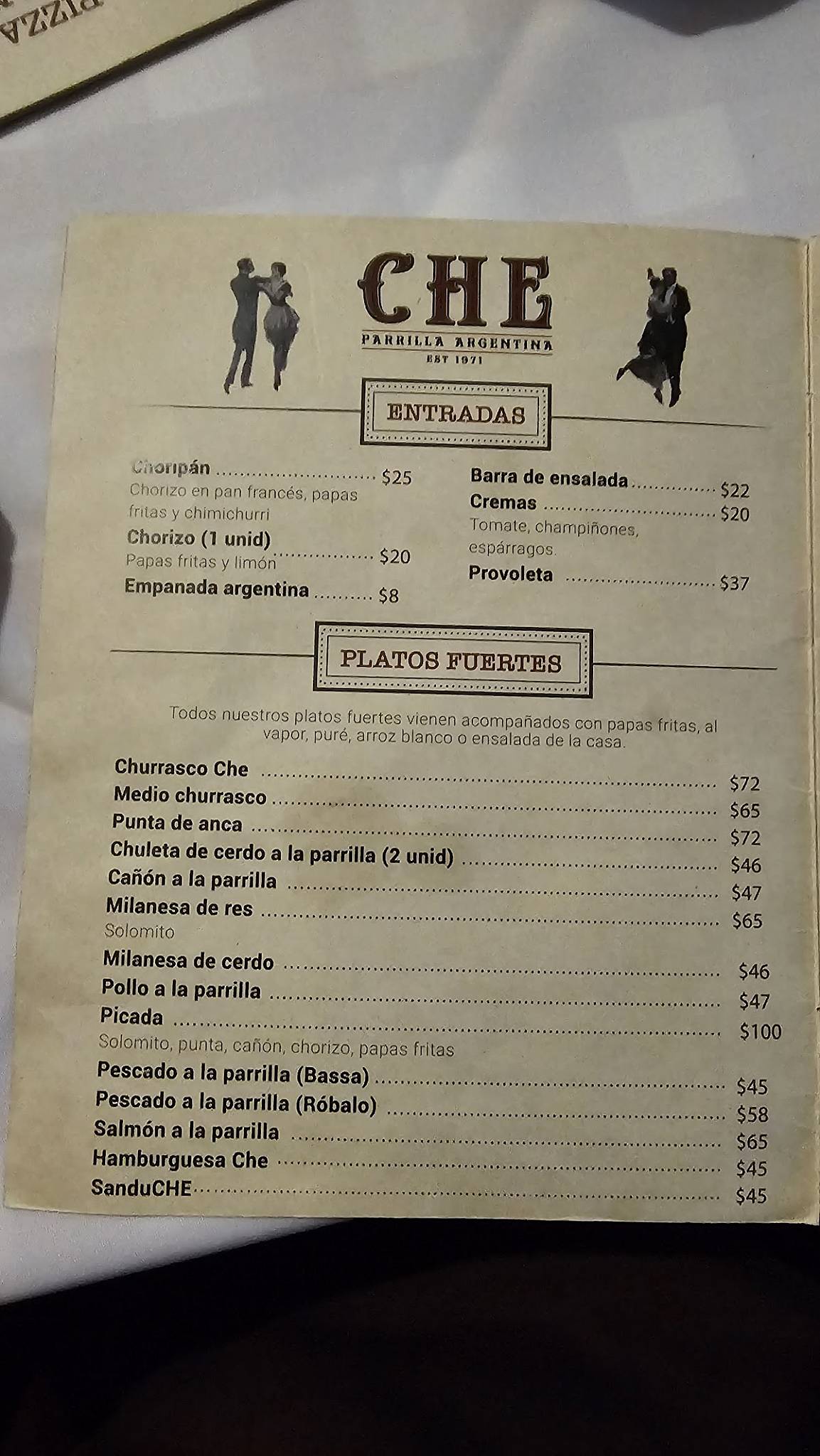 Menu at Restaurante Che, Medellín
