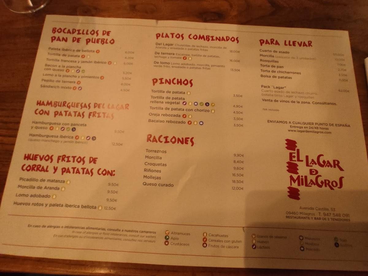 Carta de Restaurante El Lagar de Milagros, Milagros
