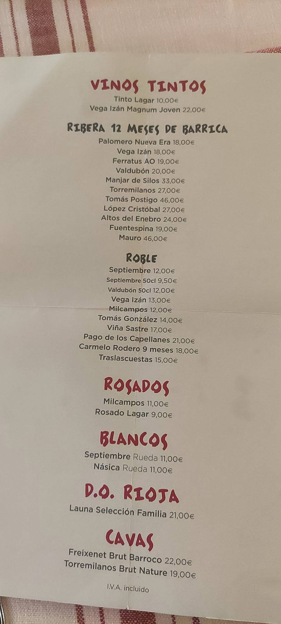 Carta de Restaurante El Lagar de Milagros, Milagros