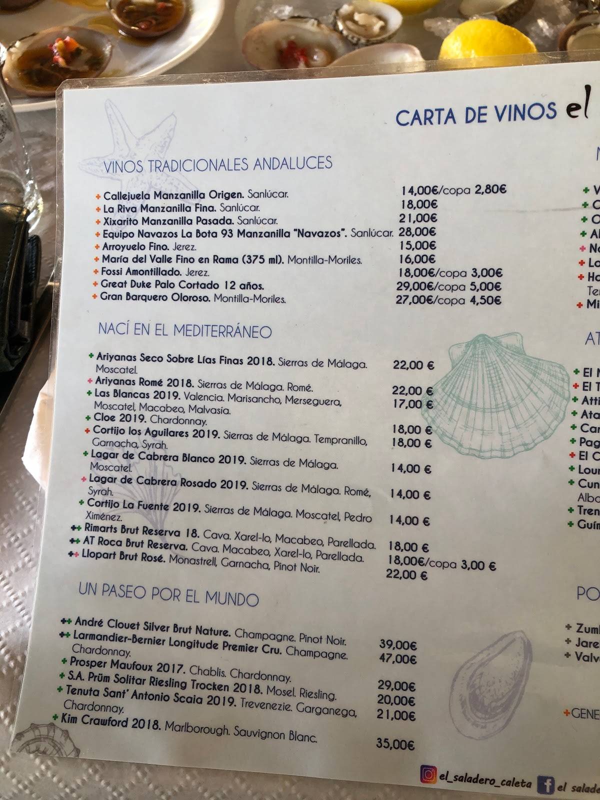 Carta de Restaurante El Saladero, Algarrobo