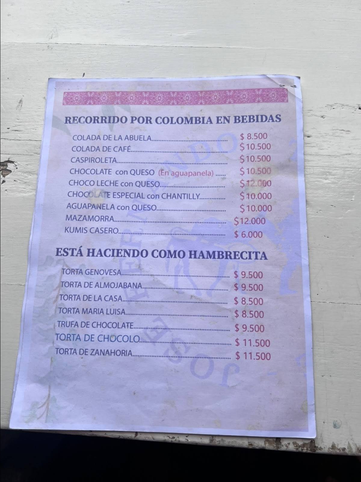 Carta de Restaurante José Fernando, Filandia