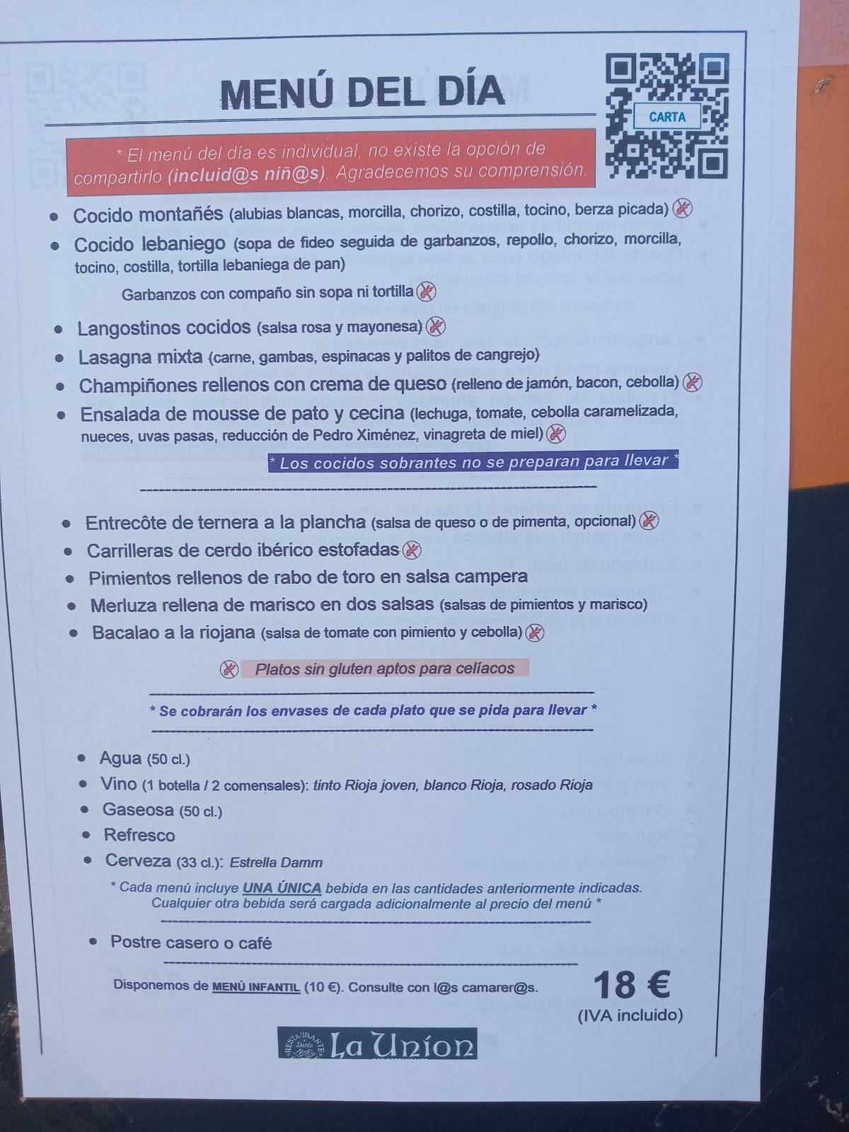 Carta del restaurante La Unión, Puente Viesgo, Carretera General