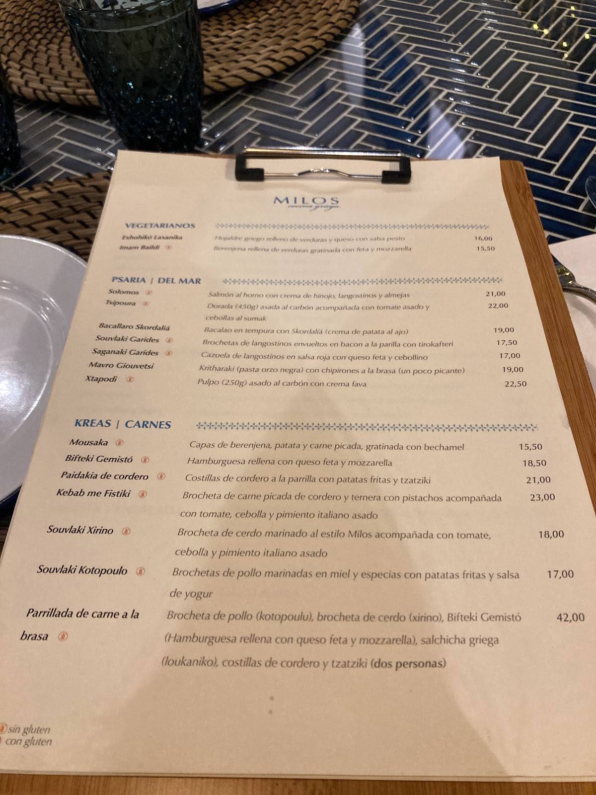 Carta de Restaurante Milos, Madrid, C/ de Francisco Silvela