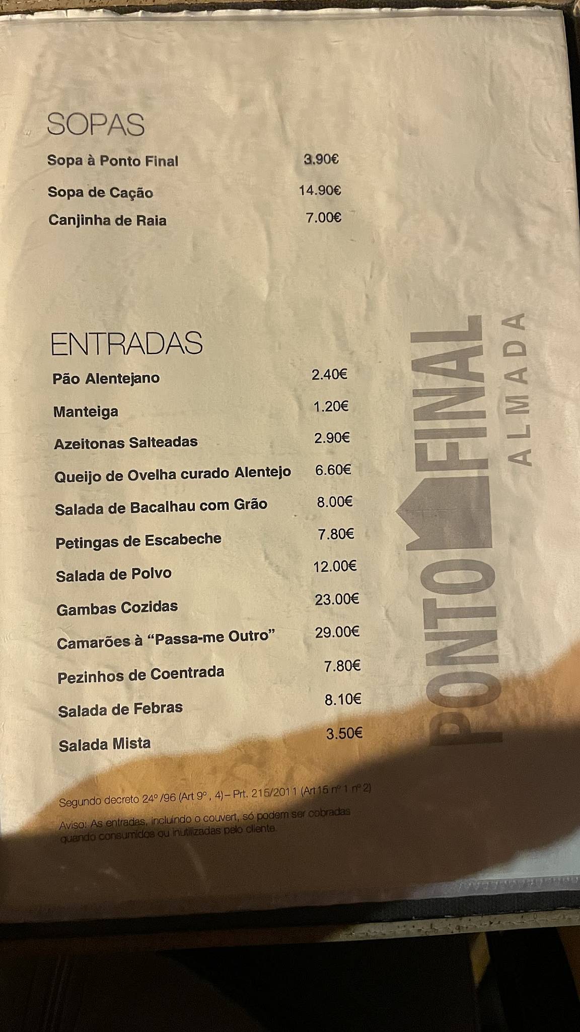 Menu at Restaurante Ponto Final, Almada