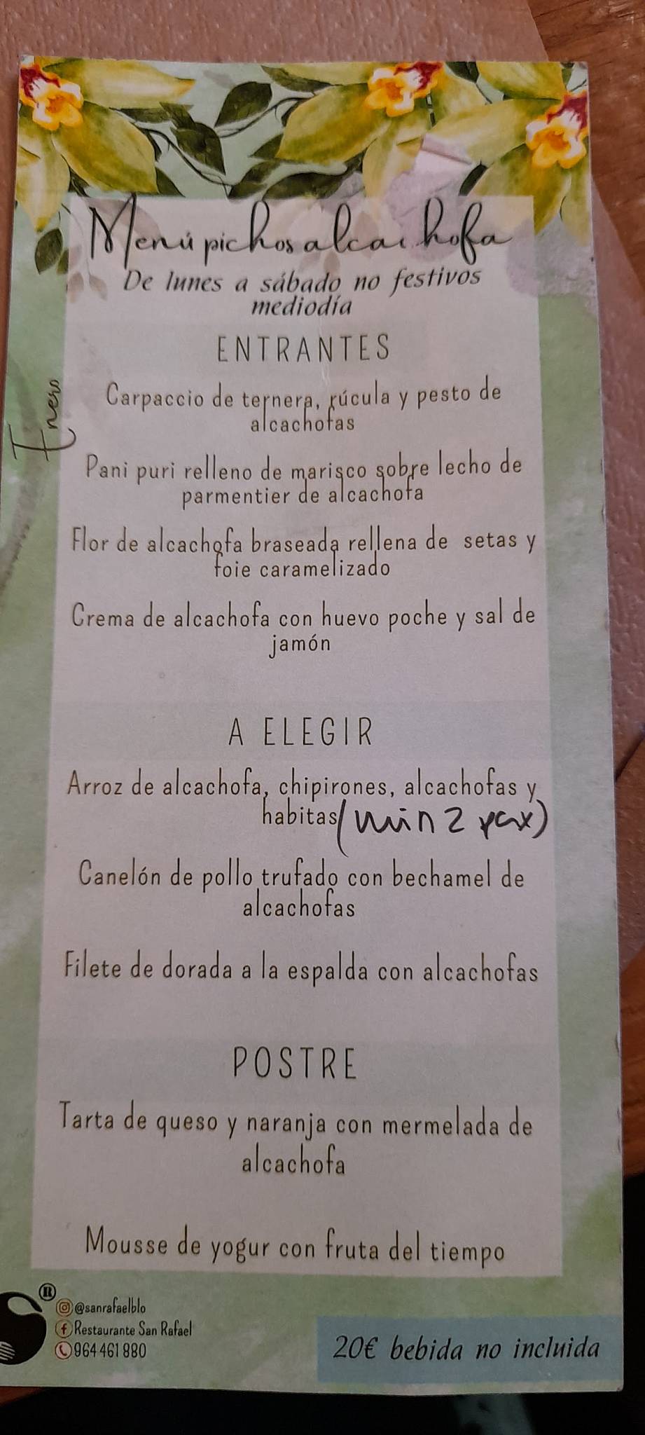 Menu at San Rafael restaurant, Benicarló, Carrer de Mossèn Lajunta