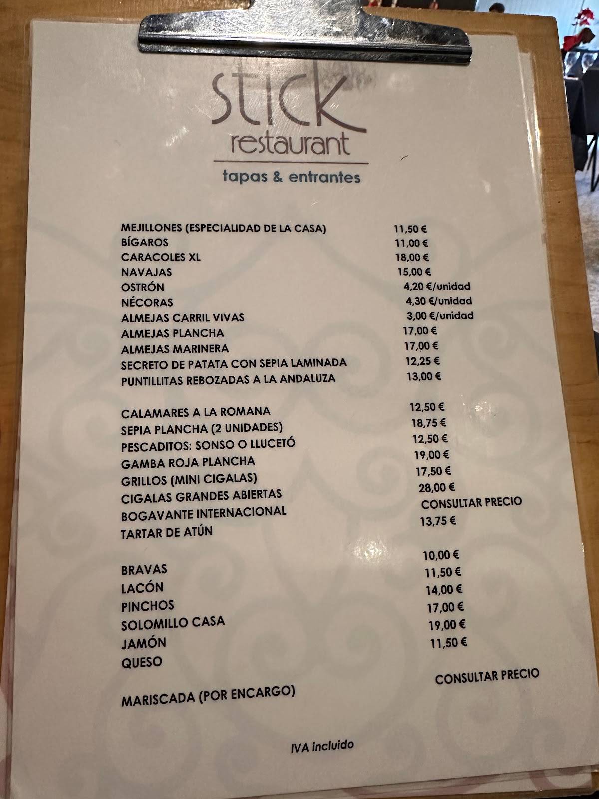 Carta de Restaurante Stick, Reus